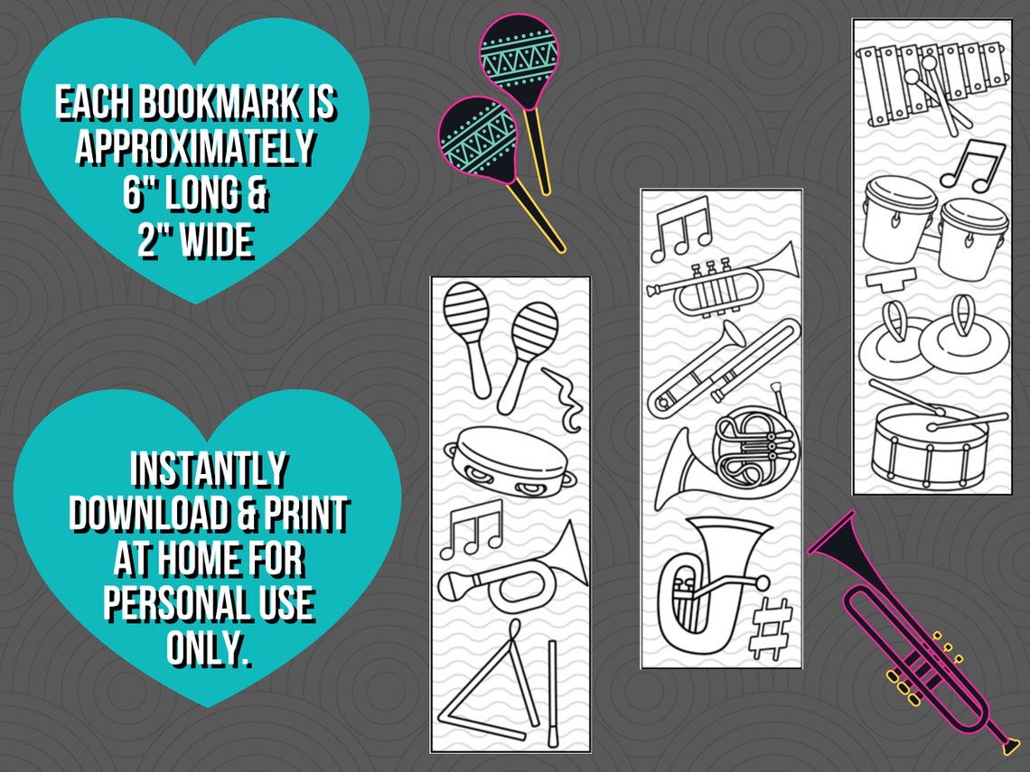8 Musical Instrument Printable Coloring Bookmarks for Kids INSTANT ...
