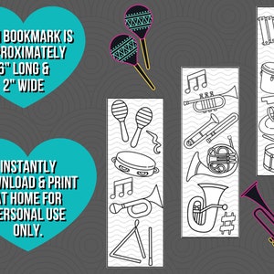 8 Musical Instrument Printable Coloring Bookmarks for Kids- INSTANT ...