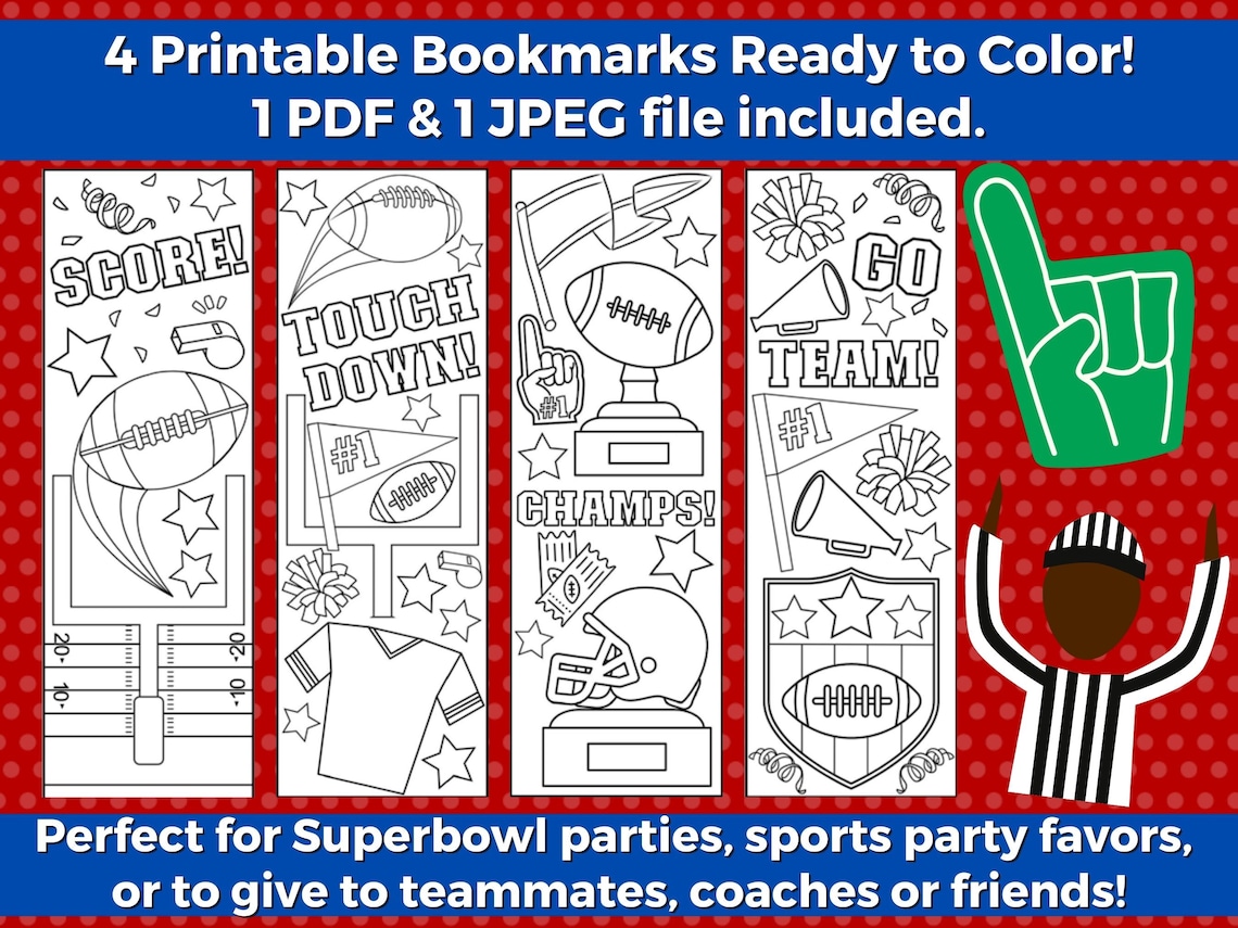 4 Football Themed Printable Coloring Bookmarks for Kids INSTANT ...
