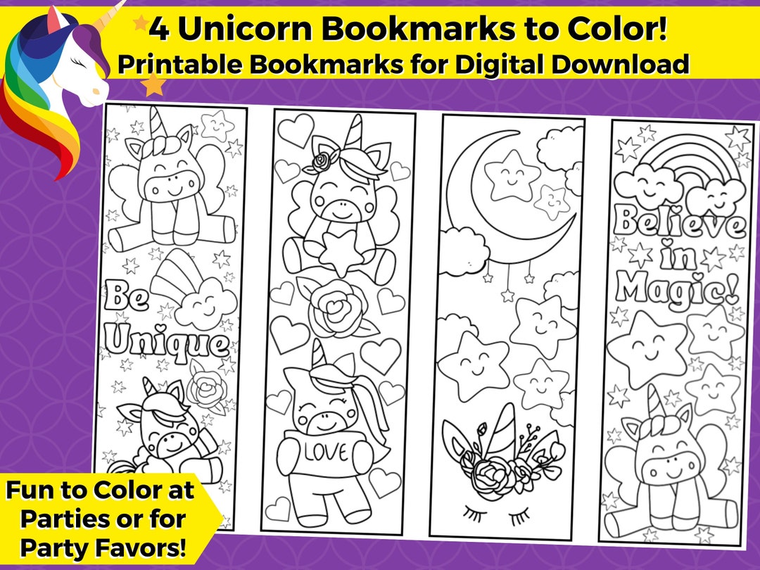 4 Unicorn Printable Coloring Bookmarks for Kids- INSTANT DOWNLOAD ...