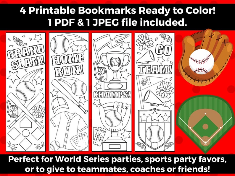 4 Baseball Themed Printable Coloring Bookmarks for Kids- INSTANT ...