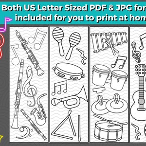 8 Musical Instrument Printable Coloring Bookmarks for Kids- INSTANT ...
