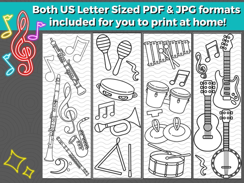 8 Musical Instrument Printable Coloring Bookmarks for Kids- INSTANT ...