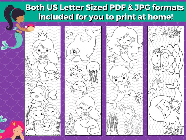 4 Mermaid Printable Coloring Bookmarks for Kids-instant - Etsy