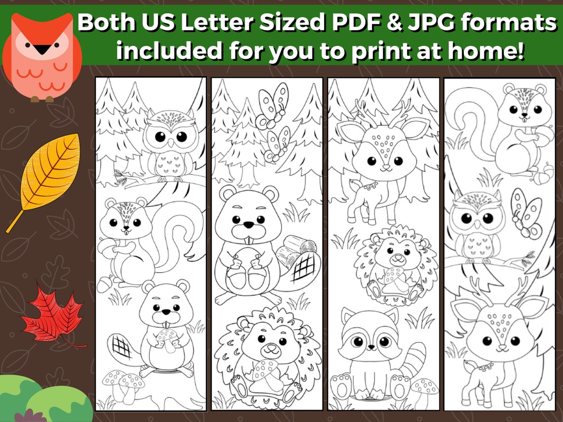 4 Woodland Animal Printable Coloring Bookmarks for Kids INSTANT ...