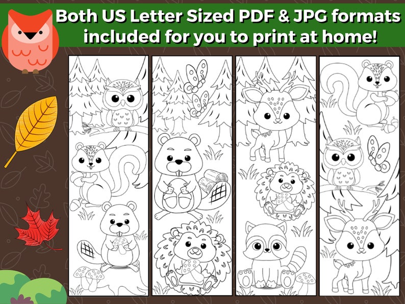 4 Woodland Animal Printable Coloring Bookmarks for Kids- INSTANT ...
