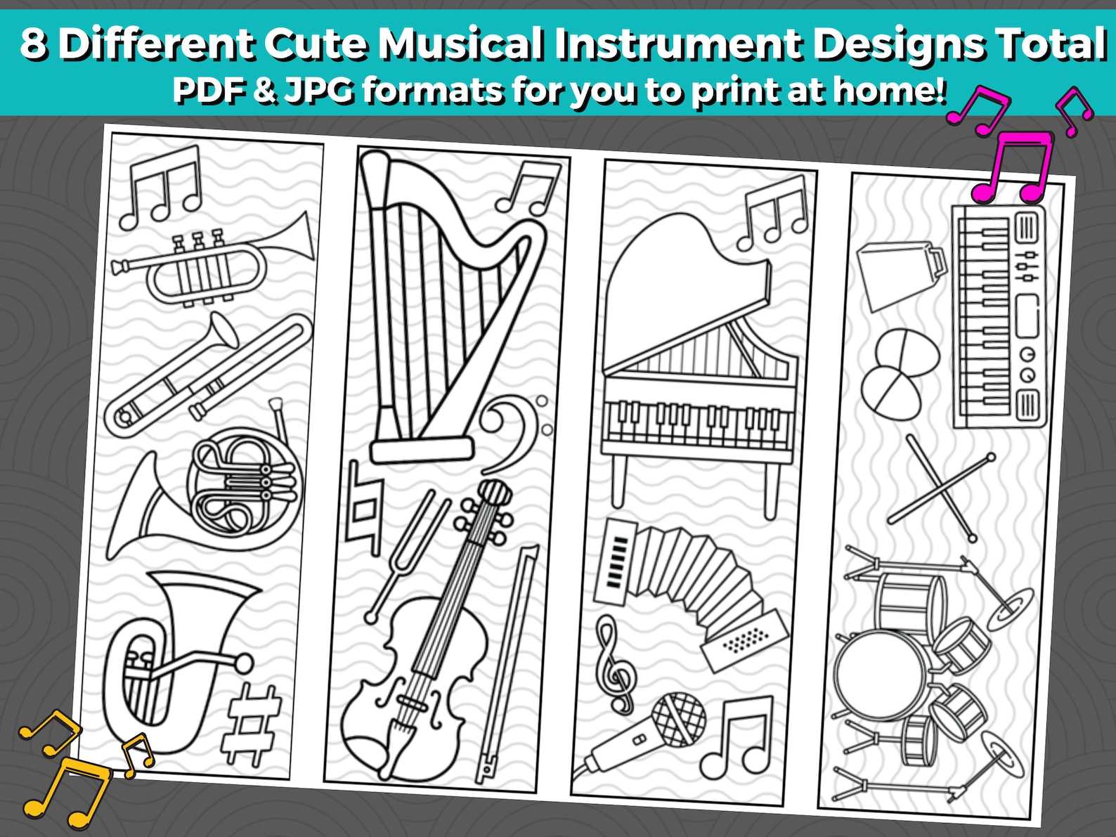 8 Musical Instrument Printable Coloring Bookmarks for Kids- INSTANT ...