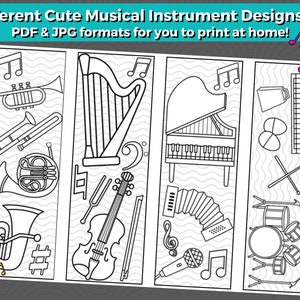 8 Musical Instrument Printable Coloring Bookmarks for Kids- INSTANT ...