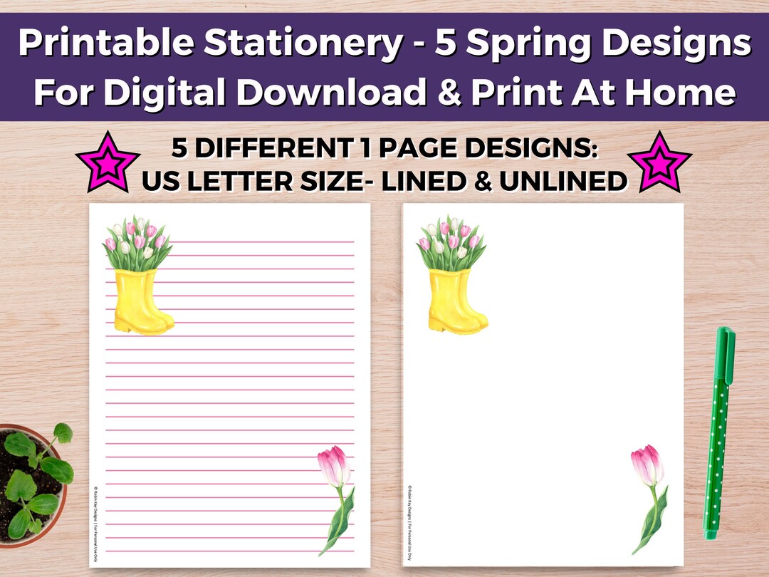 Printable Stationery- 5 Spring Designs for DIGITAL DOWNLOAD PDF ...