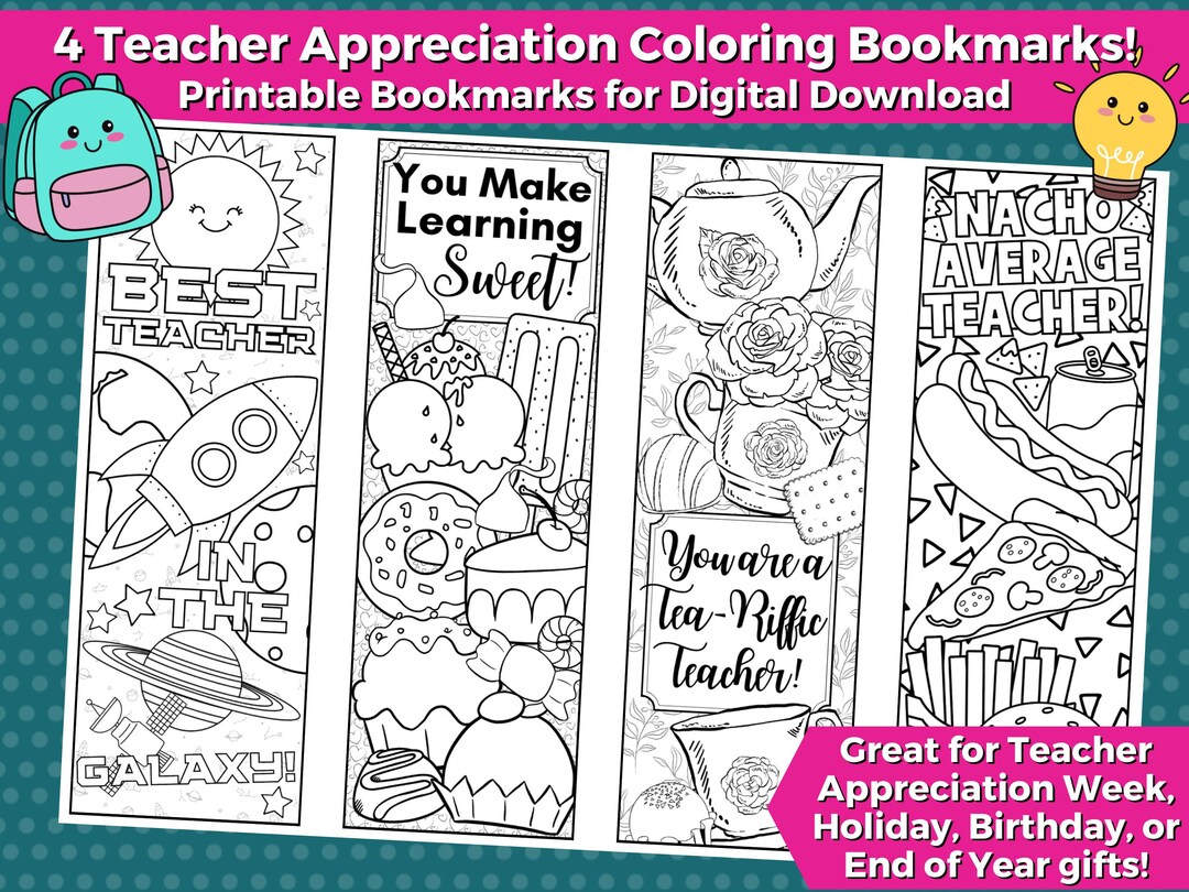 Teacher Appreciation Printable Coloring Bookmarks for Kids-instant ...