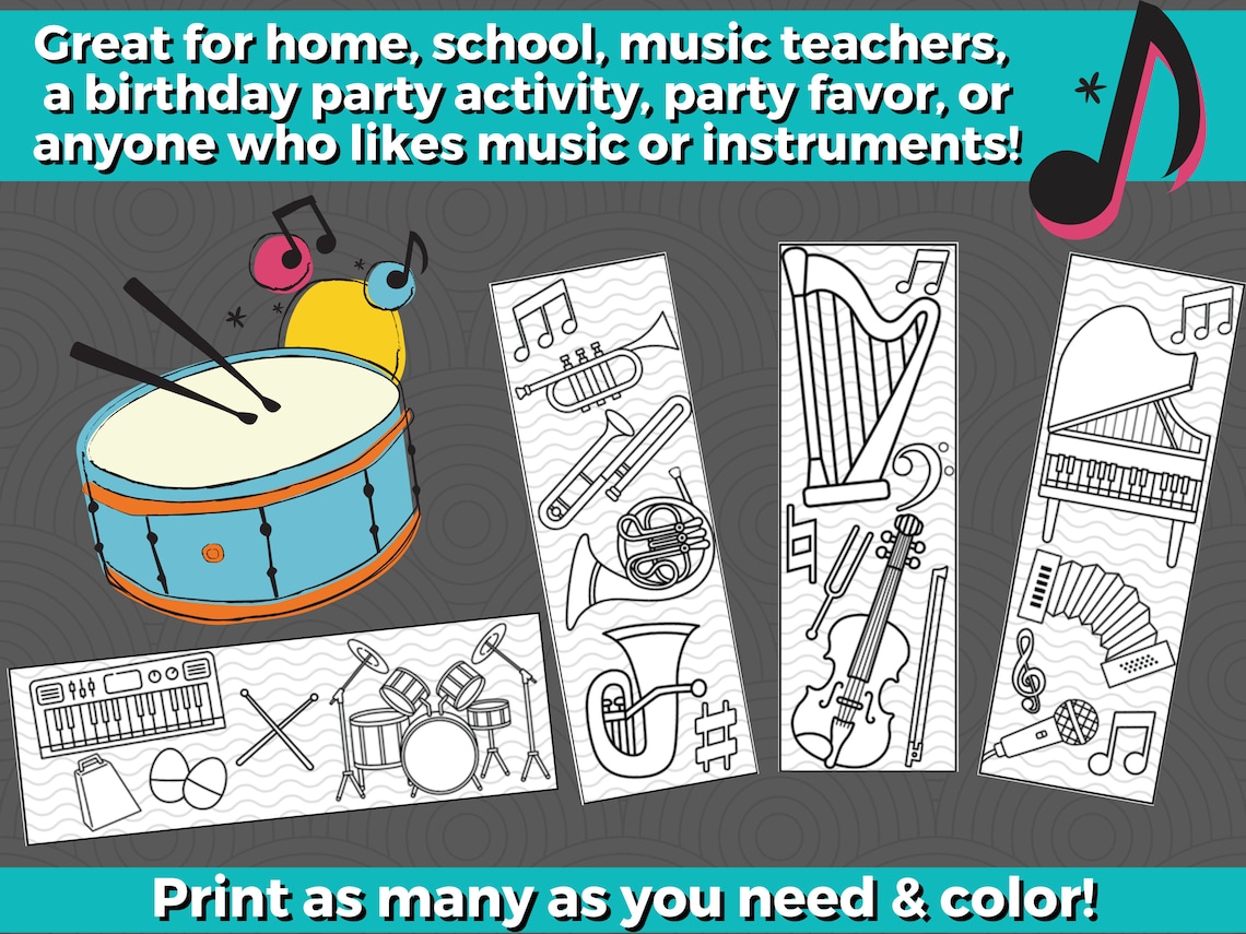 8 Musical Instrument Printable Coloring Bookmarks for Kids- INSTANT ...