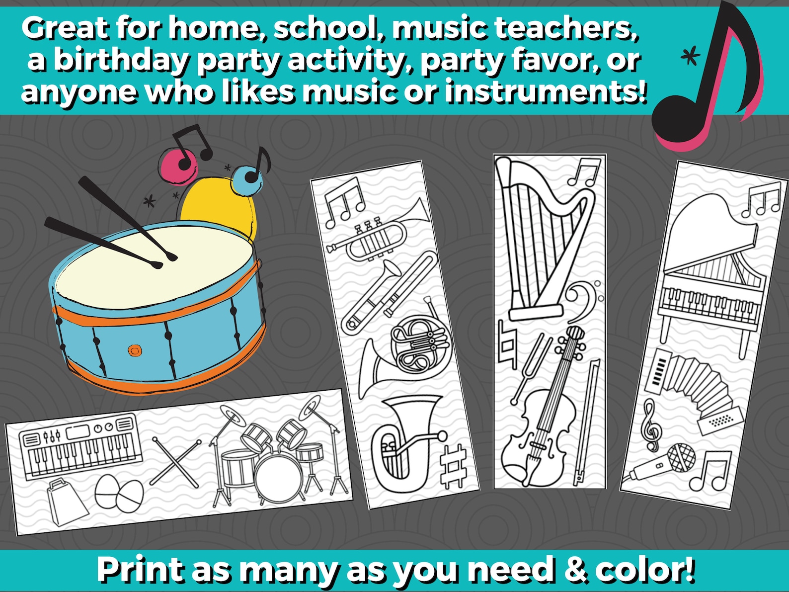 8 Musical Instrument Printable Coloring Bookmarks for Kids- INSTANT ...