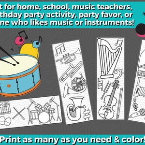8 Musical Instrument Printable Coloring Bookmarks for Kids- INSTANT ...