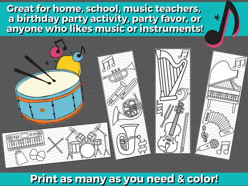 8 Musical Instrument Printable Coloring Bookmarks for Kids- INSTANT ...