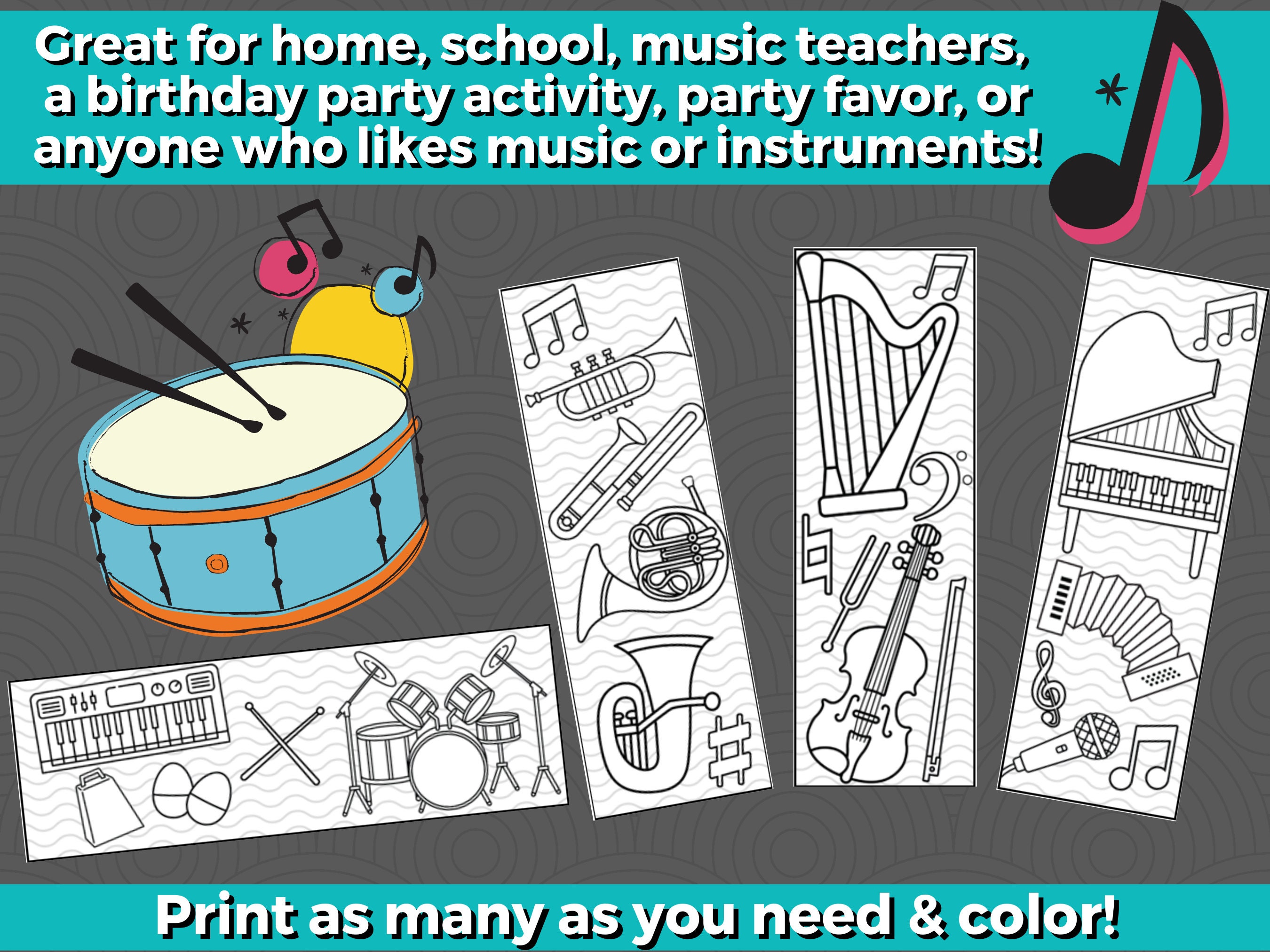 8 Musical Instrument Printable Coloring Bookmarks for Kids INSTANT ...