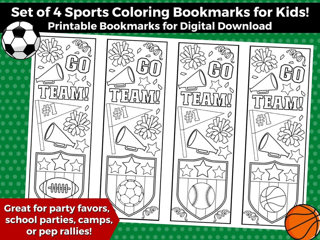 4 Sports Themed Printable Coloring Bookmarks for Kids INSTANT DOWNLOAD ...