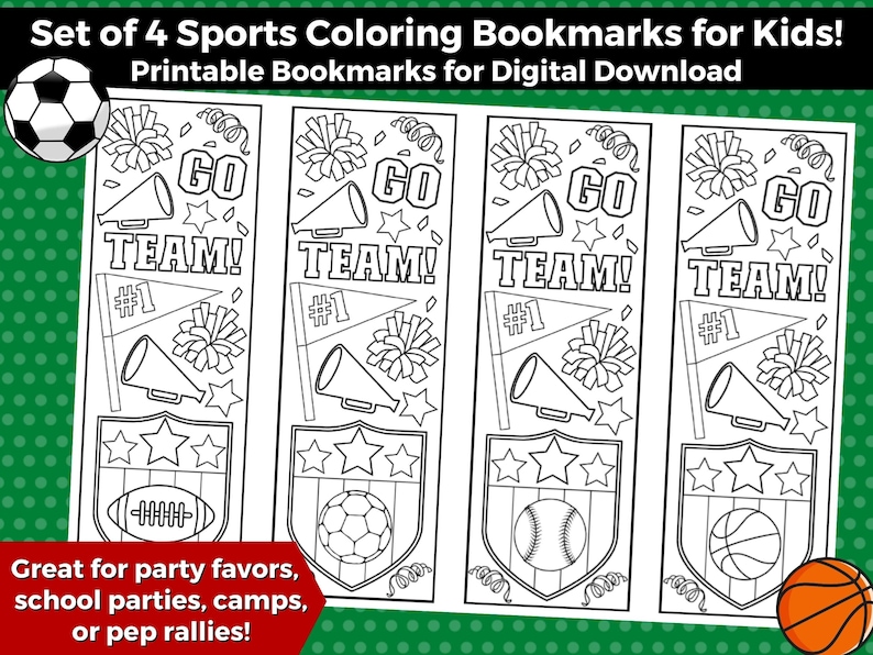 4 Sports Themed Printable Coloring Bookmarks for Kids INSTANT DOWNLOAD ...