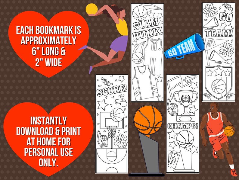 4 Basketball Themed Printable Coloring Bookmarks for Kids INSTANT ...