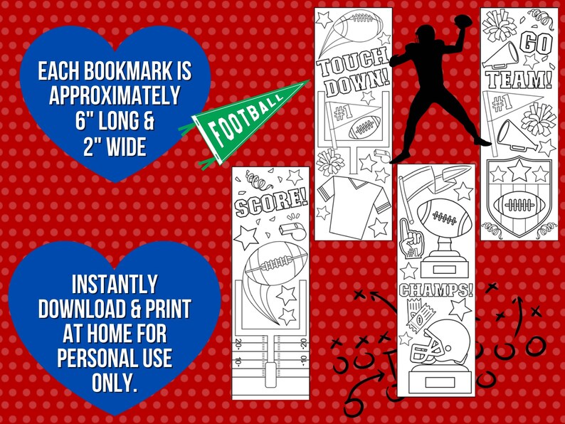 4 Football Themed Printable Coloring Bookmarks for Kids INSTANT ...