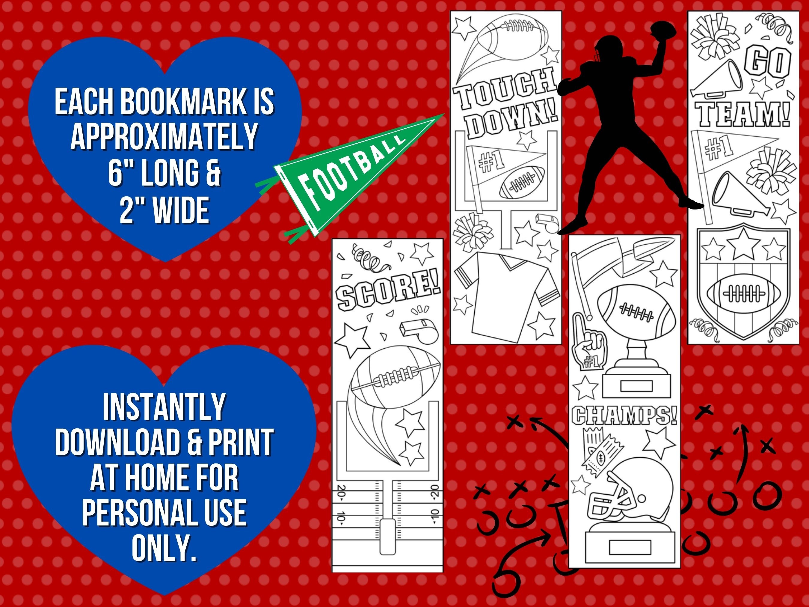 4 Football Themed Printable Coloring Bookmarks for Kids INSTANT ...