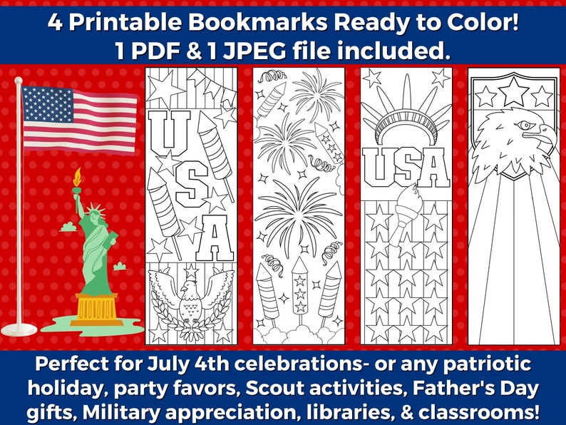 4th of July Printable Coloring Bookmarks for Kids-instant Download ...