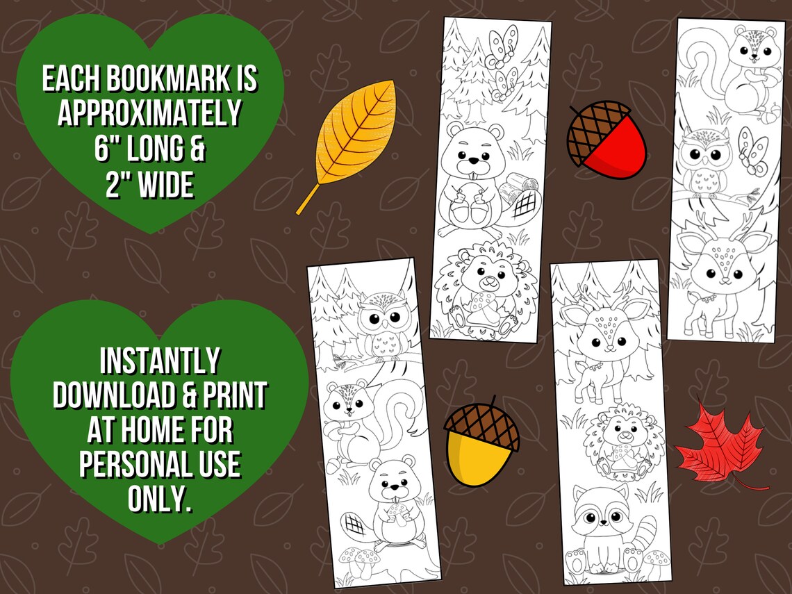 4 Woodland Animal Printable Coloring Bookmarks for Kids INSTANT ...