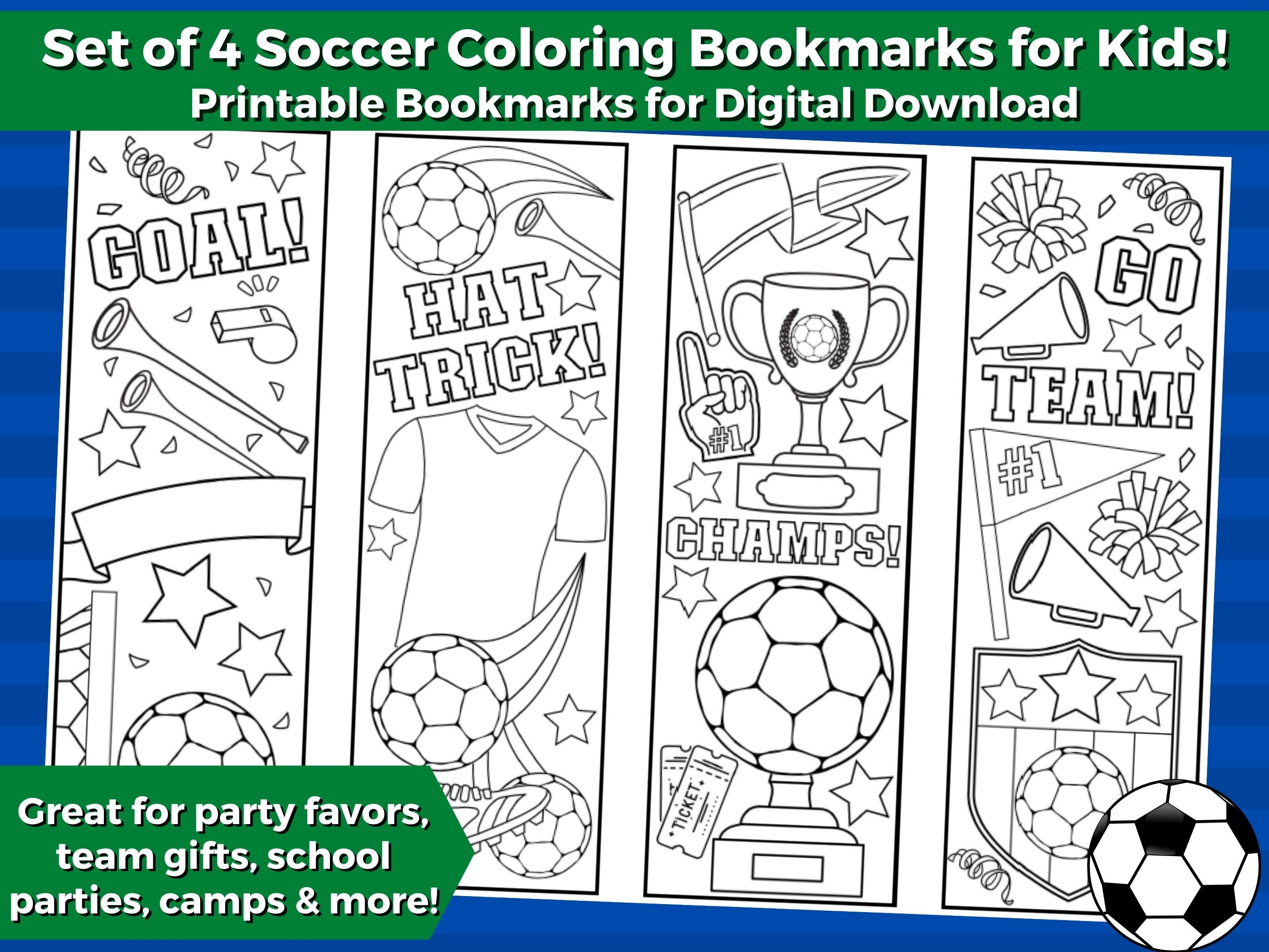 4 Soccer Themed Printable Coloring Bookmarks for Kids- INSTANT DOWNLOAD ...