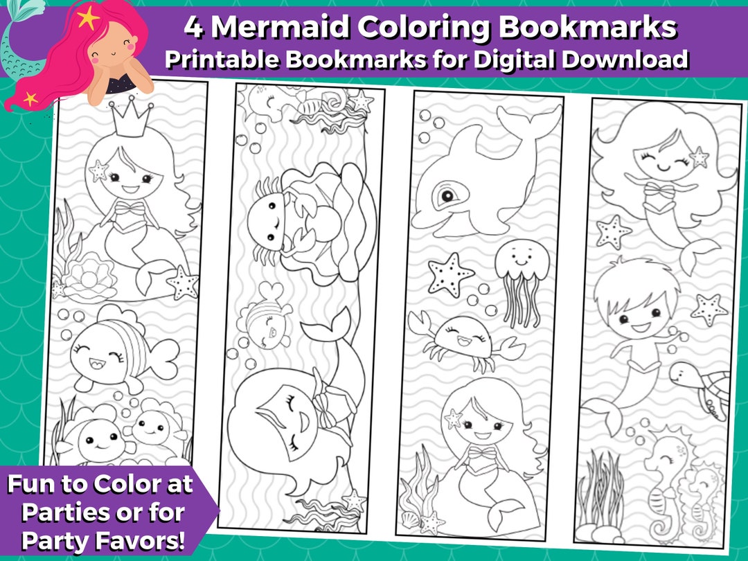 4 Mermaid Printable Coloring Bookmarks for Kids-instant DOWNLOAD ...
