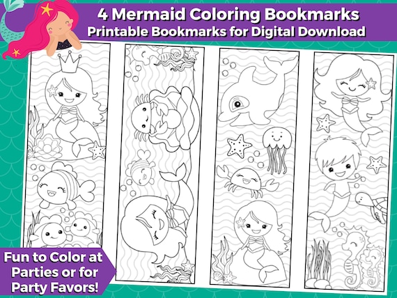 4 Mermaid Printable Coloring Bookmarks for Kids-instant - Etsy