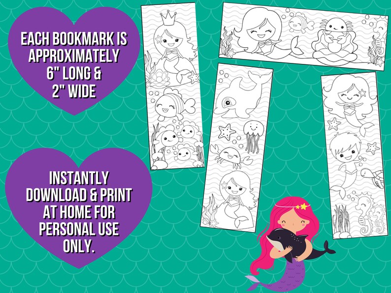 4 Mermaid Printable Coloring Bookmarks for Kids-instant - Etsy