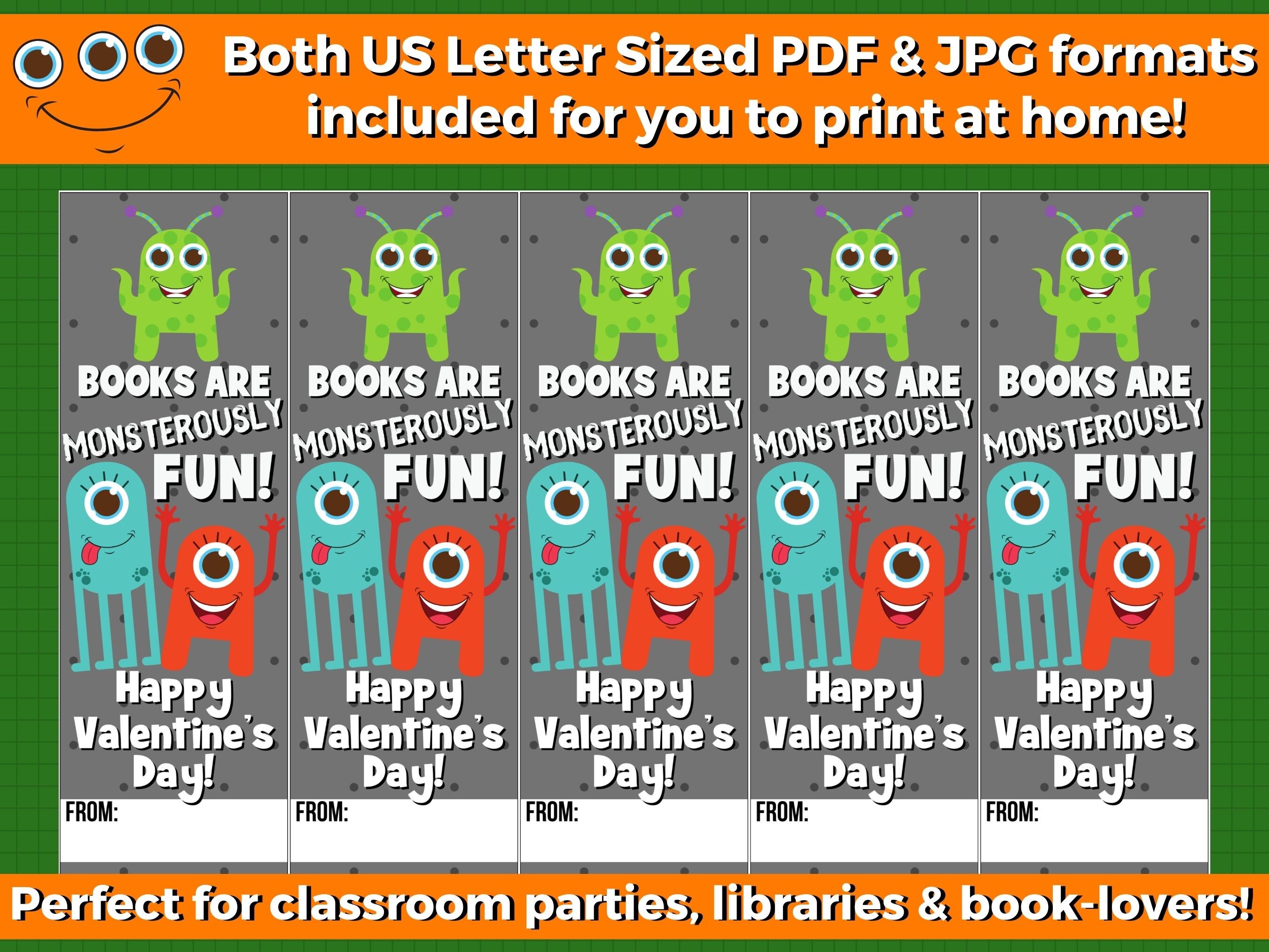 Monster Valentine Bookmarks Printable Valentine's Card for Kids ...
