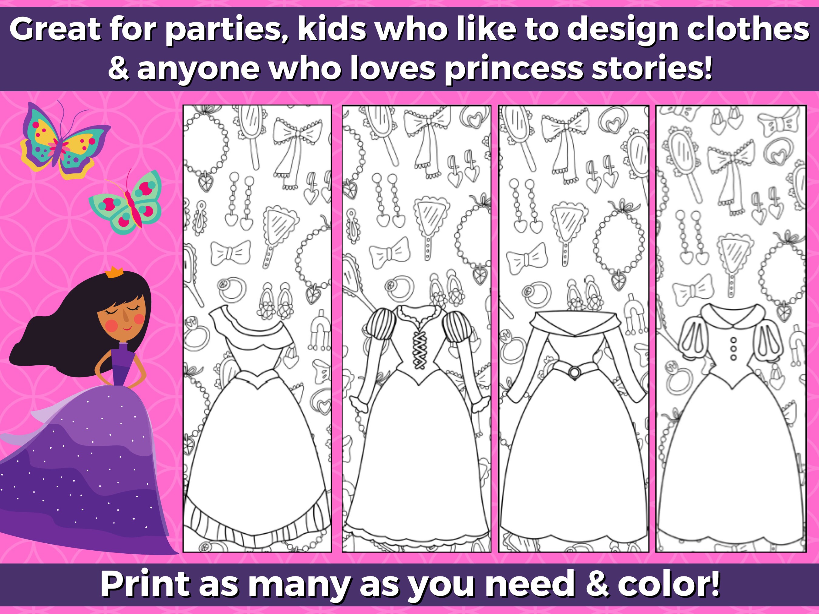 4 Princess Dresses Printable Coloring Bookmarks for Kids-instant ...