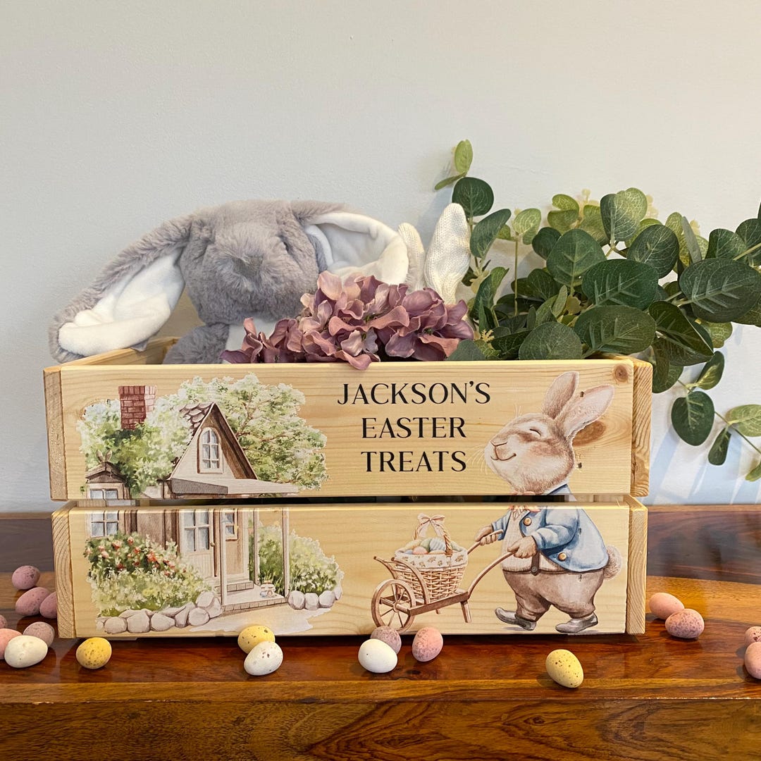 Personalised Vintage Easter Bunny Crate, Personalised Easter Basket, Personalised Easter Box ...