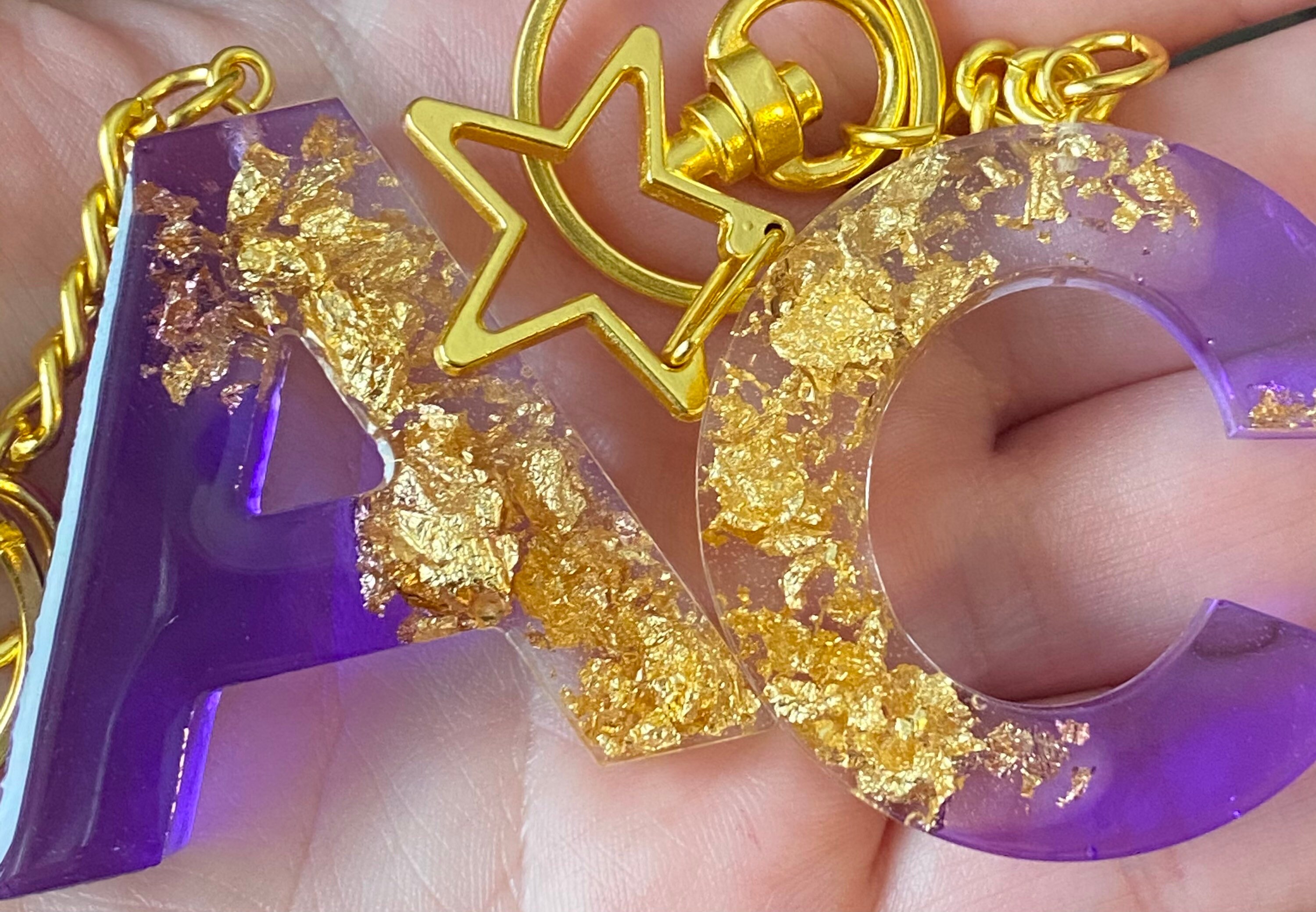 Purple and gold resin letter keychain gold flake resin | Etsy
