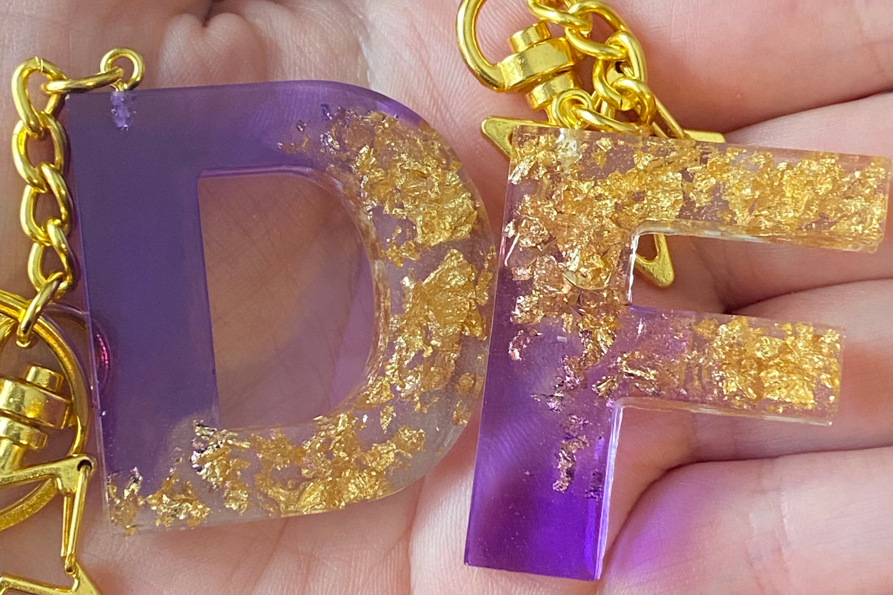 Purple and Gold Resin Letter Keychain Gold Flake Resin Keychain Resin ...