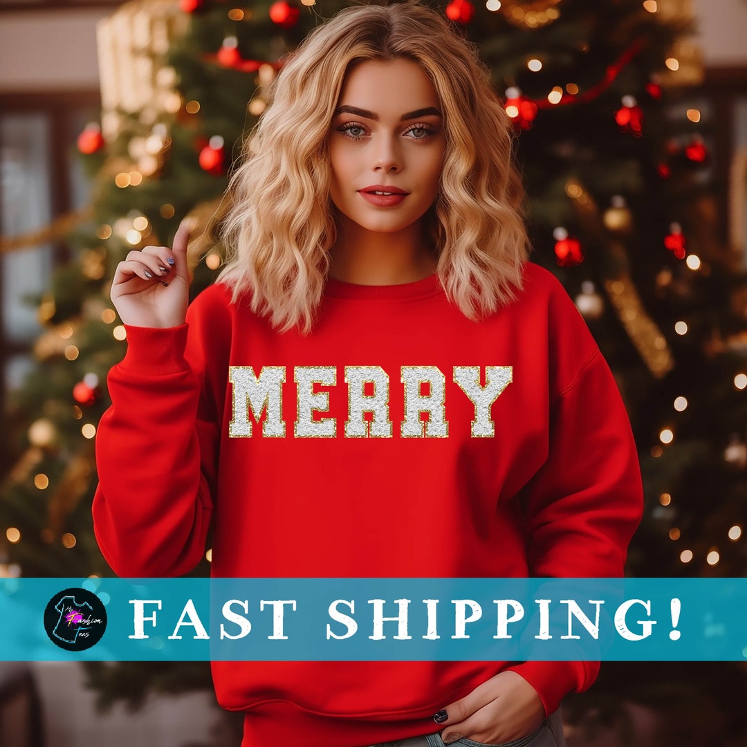 Merry Christmas Sweatshirt- Chenille Letters Merry Sweatshirt- Holiday ...