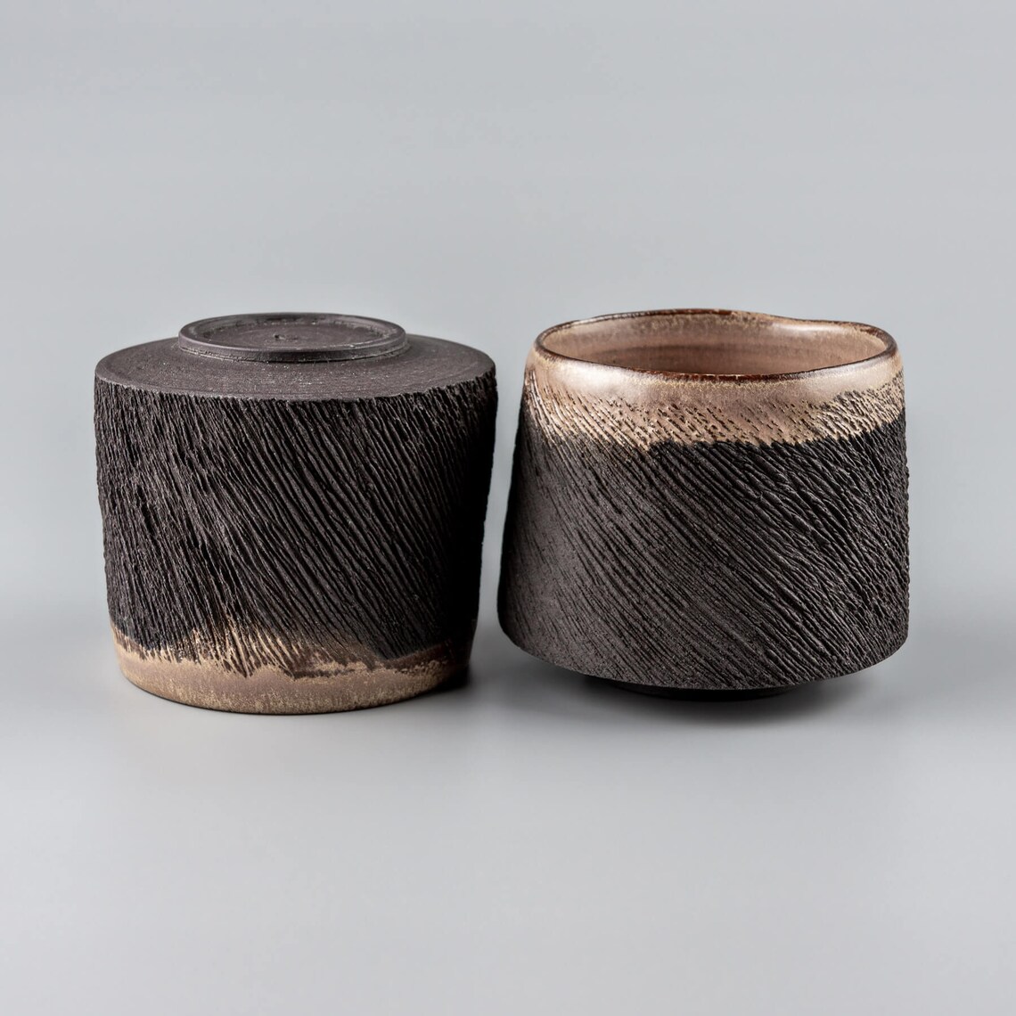 Handmade Black Clay Pottery Mug Set of Two, Handcrafted Carved 2 Coffee ...