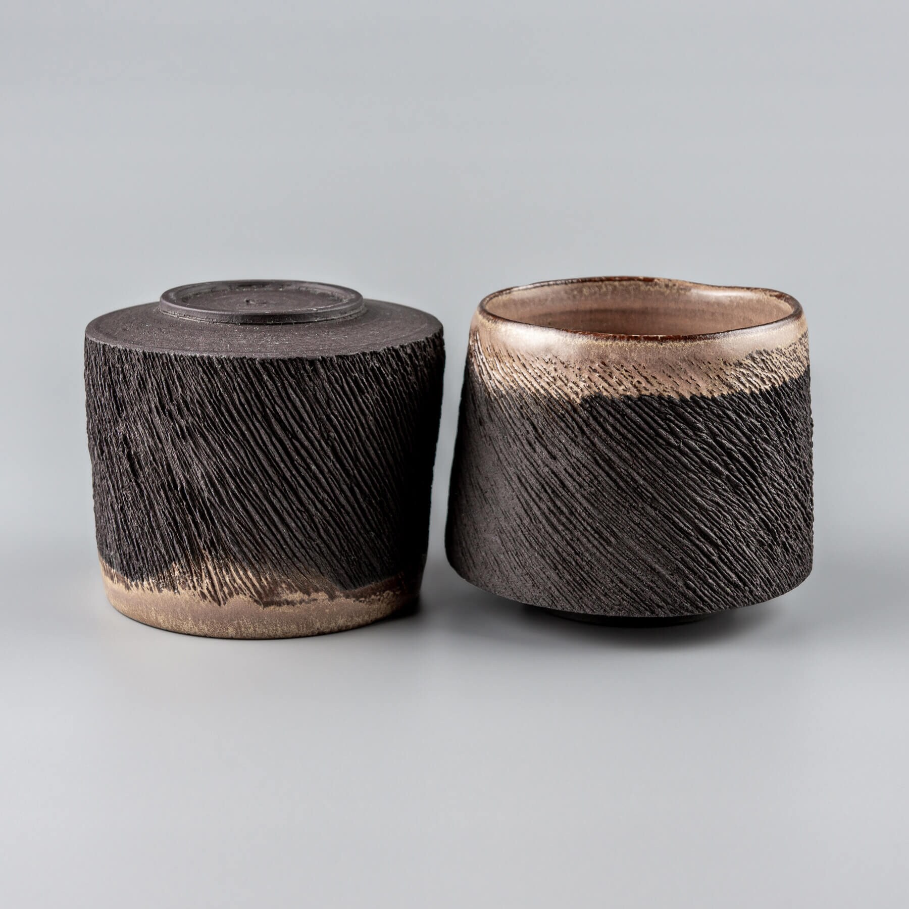 Handmade Black Clay Pottery Mug Set of Two, Handcrafted Carved 2 Coffee ...