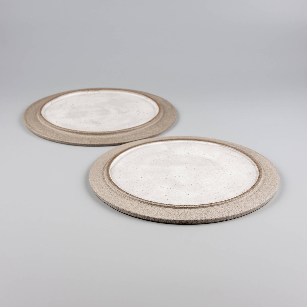 Handcrafted Stoneware Flat Plate Set of Two White, Unique Handmade ...