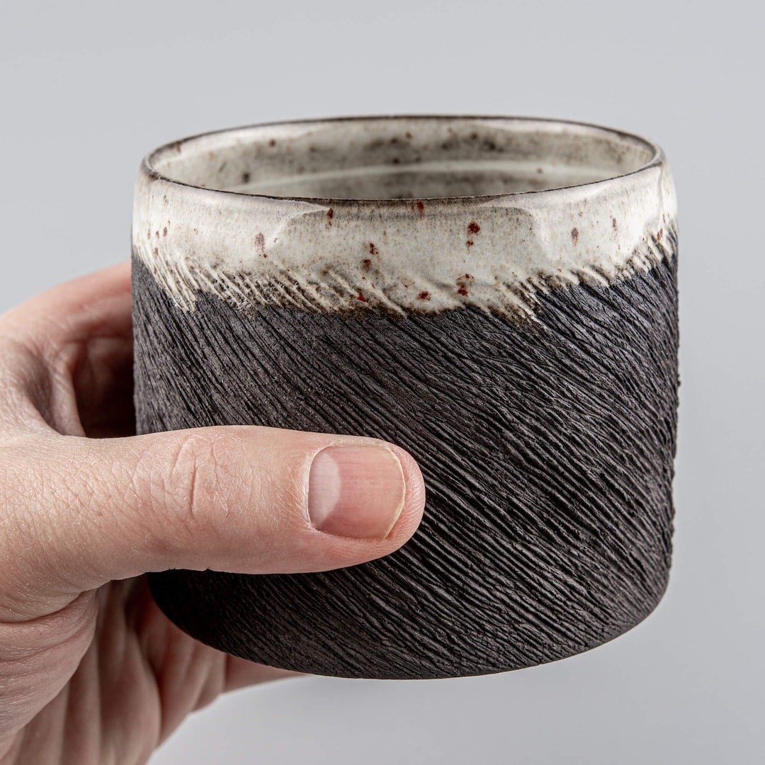 Handmade Tea Cup Black Clay Pottery, Handcrafted Carved Large Coffee ...