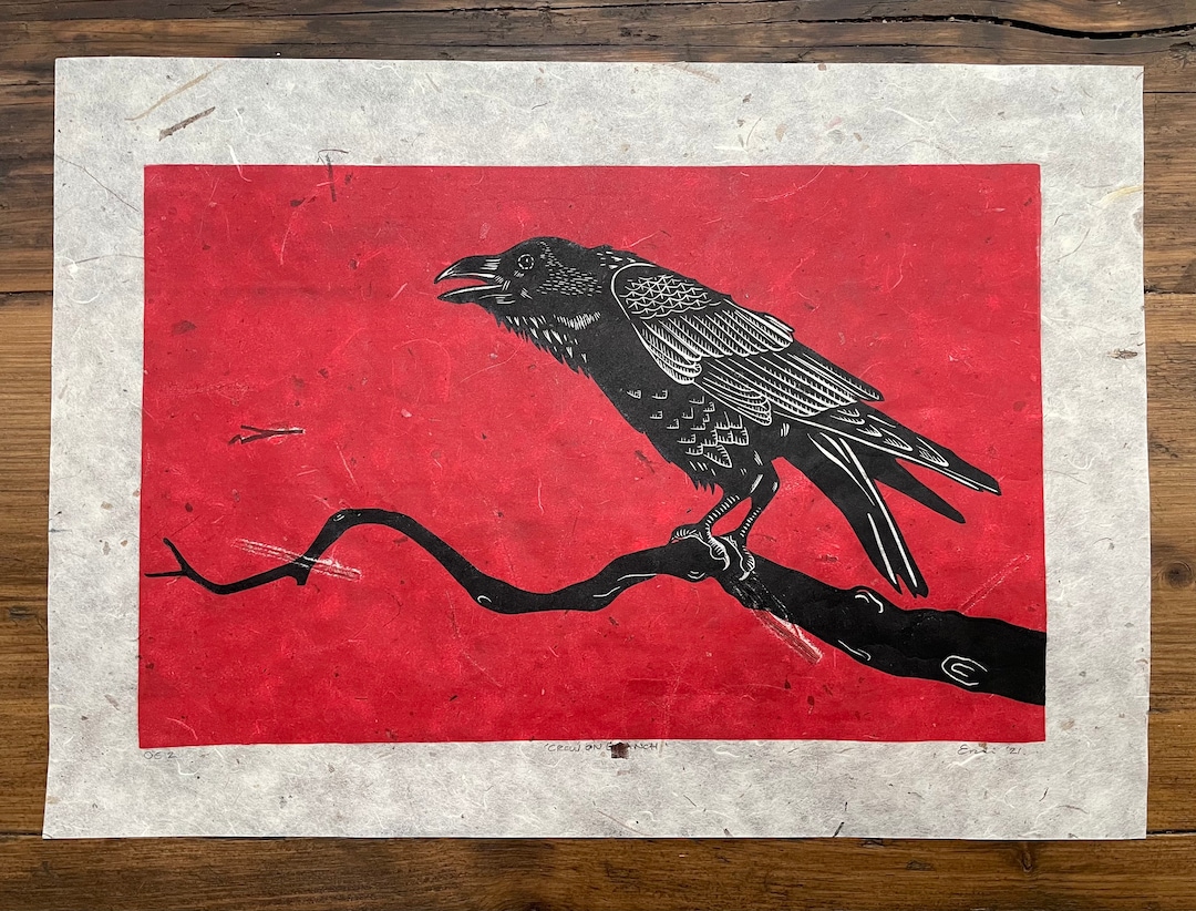 Crow Lino Cut Print - Etsy UK