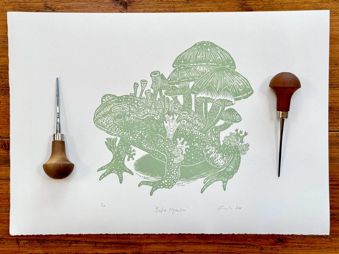 Mushroom Toad Linocut Print (lichen Green) - Etsy