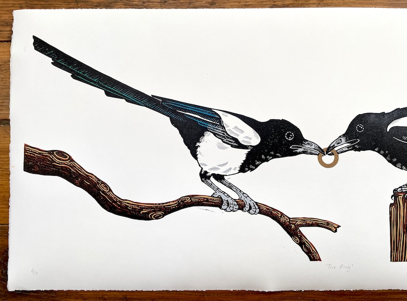 Magpie Linocut Print (colour) - Etsy