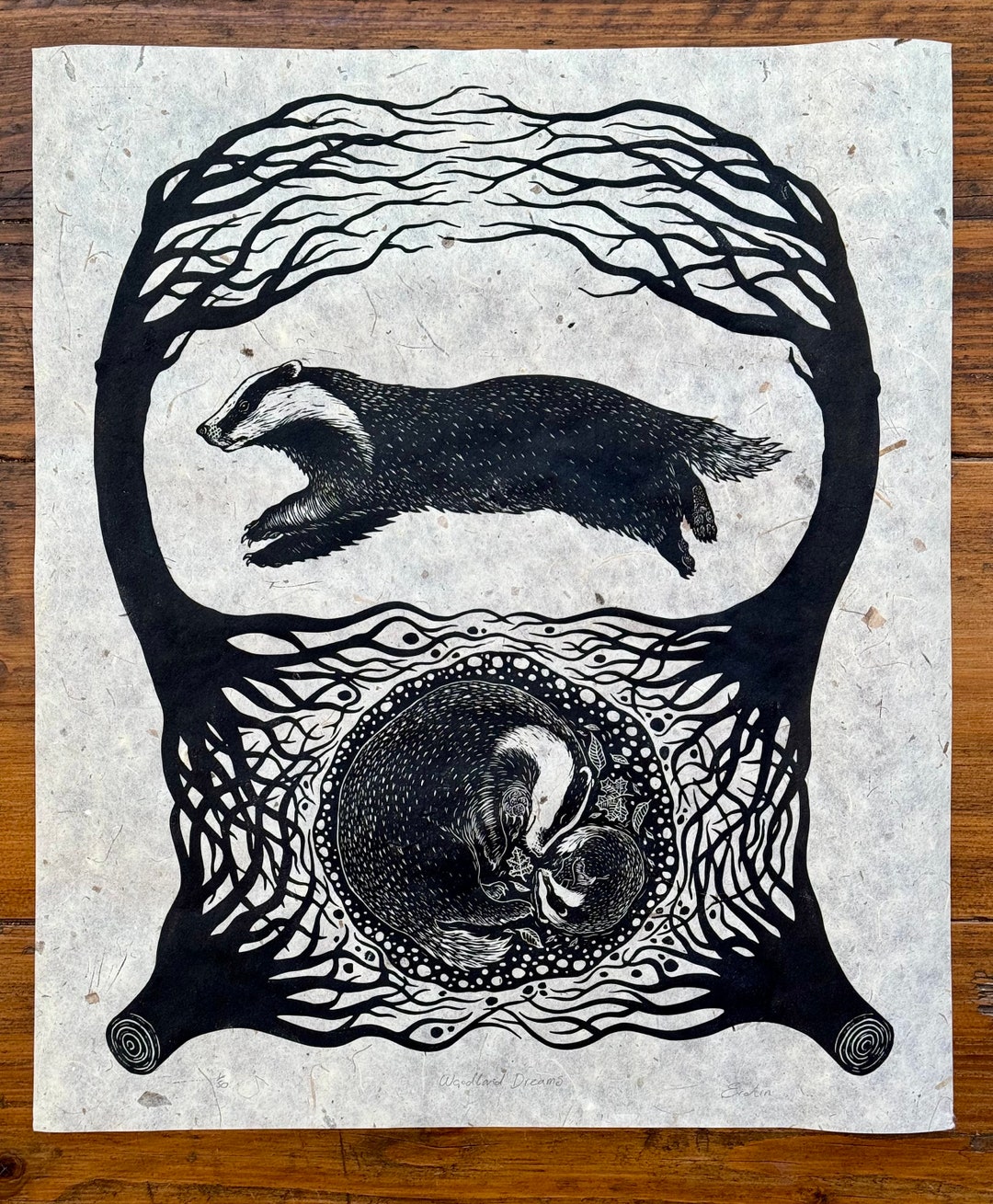 Woodland Dreams - Badger Linocut Print - Etsy