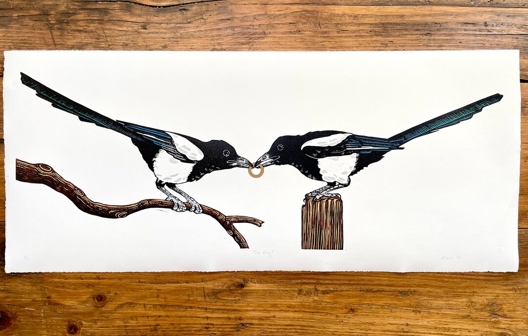 Magpie Linocut Print (colour) - Etsy