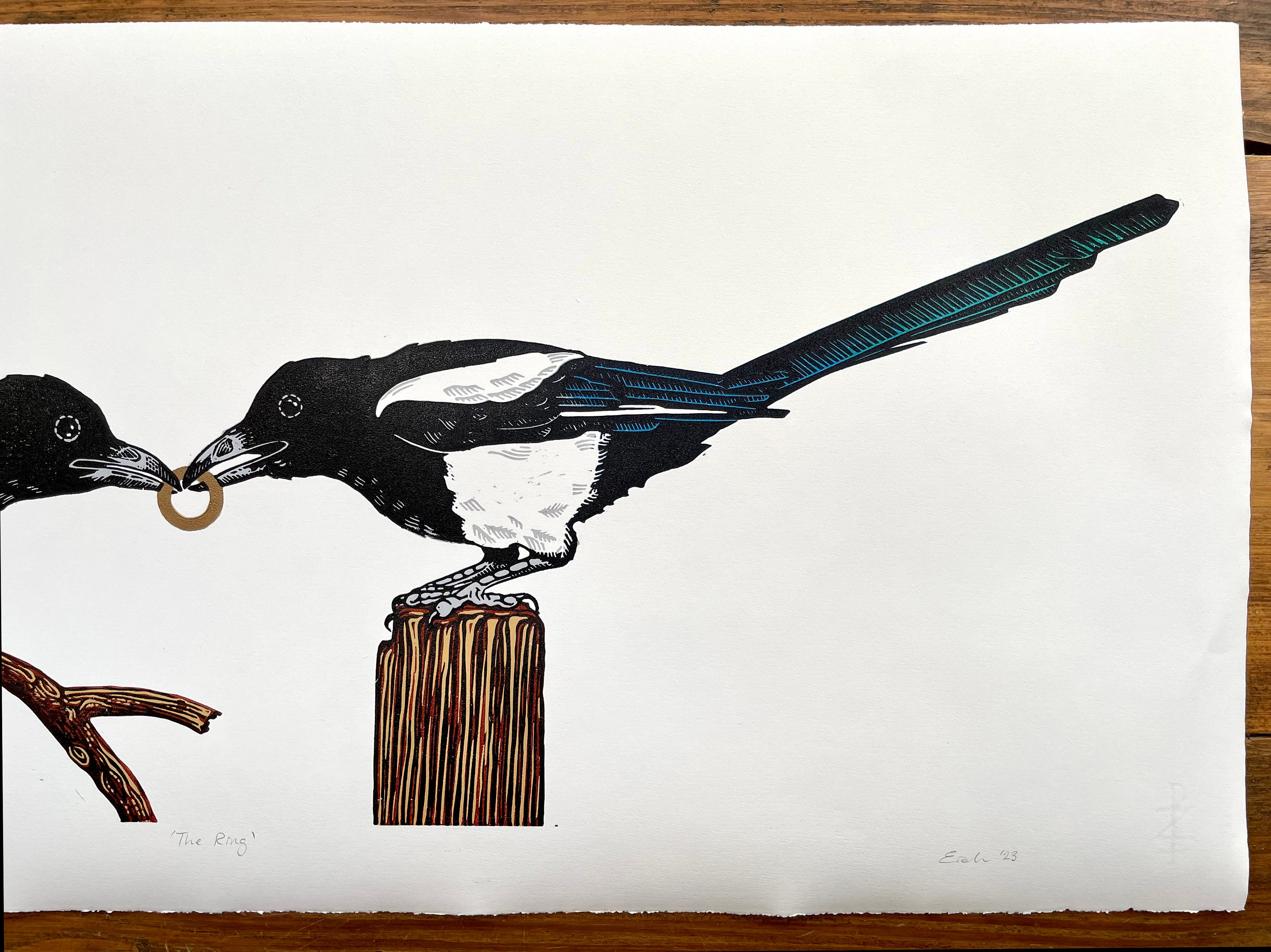 Magpie Linocut Print (colour) - Etsy