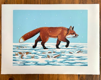 Fox in Snow Original Lino Print Limited Edition in Black With ...
