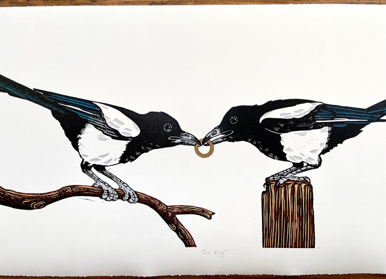Magpies Linocut Print - Etsy