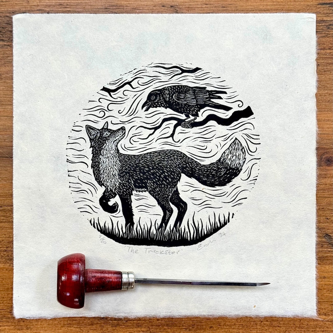 The Trickster Fox and Crow Wood Engraving Print - Etsy
