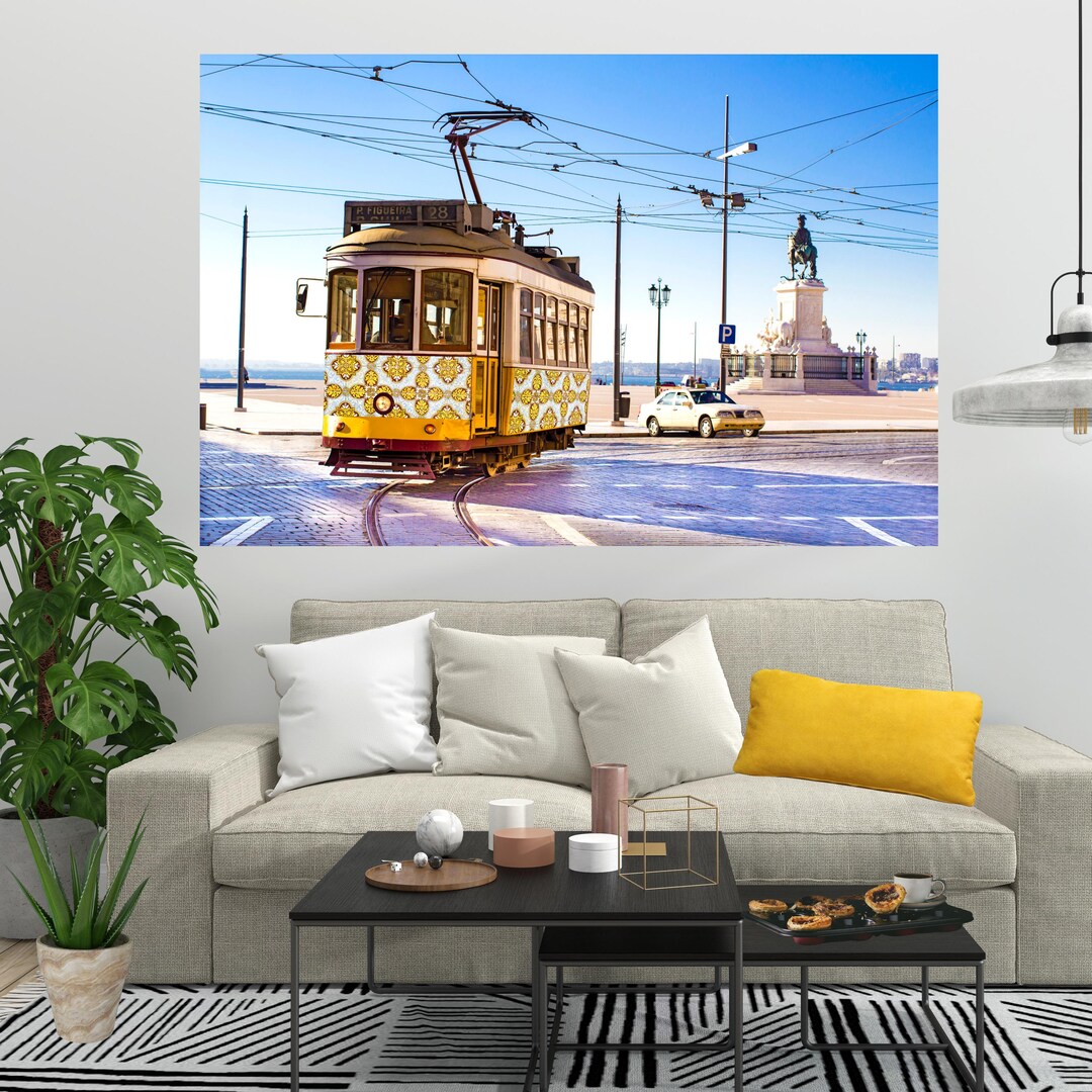 Real Photo Lisbon Yellow Tram With Tiles Home Decor Canvas Wall Art ...